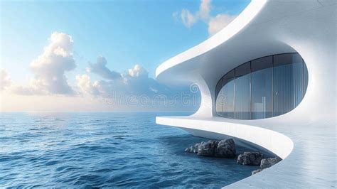Modern Abstract Wavy Architecture With Ocean Background And Concrete Floor Stock Illustration