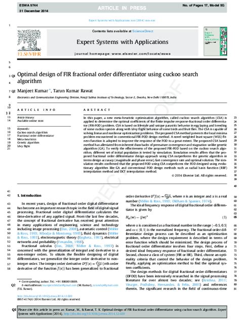 Pdf Optimal Design Of Fir Fractional Order Differentiator Using