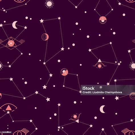 제3의 눈 천체 별 태양 달과 관련된 추상별 집합 마법의 세 번째 눈 난해 과학에서 영혼의 상징 타로 카드 디자인에 대한 원활한 벡터 패턴 타로 카드에 대한 스톡 벡터 아트