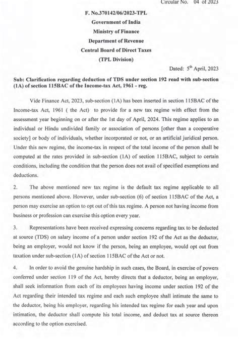 Pdf Circular No 04 Of 2023 Covers The New Tax Regime And Tds