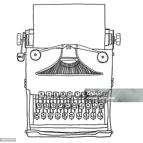종이 손으로 그린 라인 아트 일러스트가있는 파란색 오래된 타자기 Empire에 대한 스톡 벡터 아트 및 기타 이미지