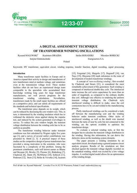 Pdf A Digital Assessment Technique Of Transformer Winding Oscillations