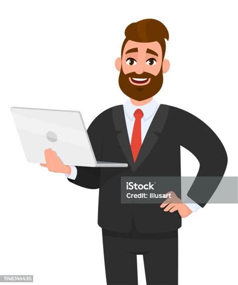 웃는 젊은 사업가 지주 최신 새로운 노트북 컴퓨터 장치를 보여주는 엉덩이에 손을 잡고 현대 라이프 스타일 디지털 기술 동향 가제트 만화에서 인간의 감정 개념 감정에 대한