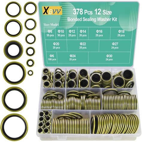Xbvv 378 Pcs Nbr Metal Bonded Sealing Washer Assortment Kit M6 M8 M10