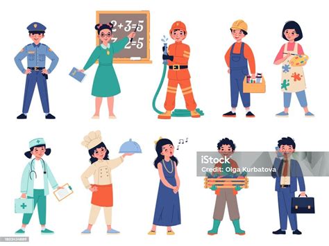 어린이 직업 전문 유니폼 다른 작은 직원 복장 교사 경찰관 및 요리사 가수 농부 및 소방관 만화 평면 그림 벡터 세트 의상을