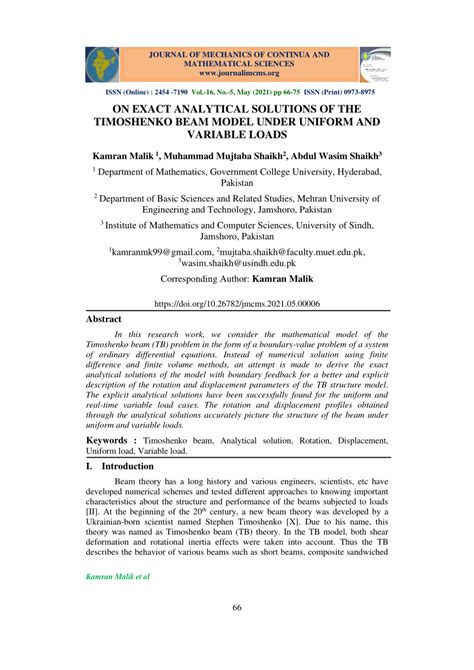 Pdf On Exact Analytical Solutions Of The Timoshenko Beam Model Under Uniform And Variable Loads