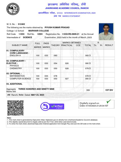 Class 12 Marksheet Template Pdf