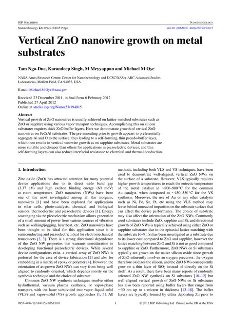 Pdf Vertical Zno Nanowire Growth On Metal Substrates