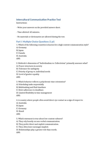 Intercultural Communication Practice Test Pdf Nonverbal Communication Social Psychology