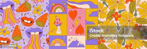 트리피 그래픽 포스터 세트 복고풍 그루비 꽃과 입술 태양 무지개 심장이 있는 포스터 광장 트리피 그루비 70년대 그래픽 만화