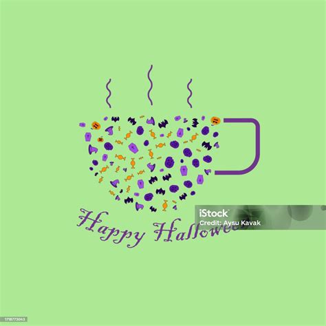 커피 컵 형태의 할로윈 그림 할로윈 색상으로 제작된 패턴 호박 박쥐 관 마녀 모자 사탕 아이콘 해피 할로윈 벡터 그림입니다 10월에 대한 스톡 벡터 아트 및 기타 이미지