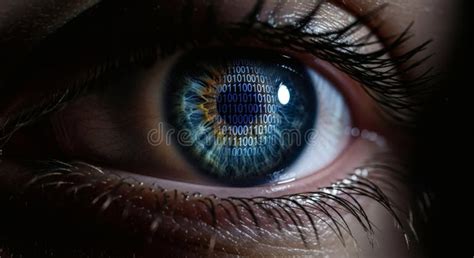 Macro Image Depicts A Human Eye With Binary Code Reflected In The Iris