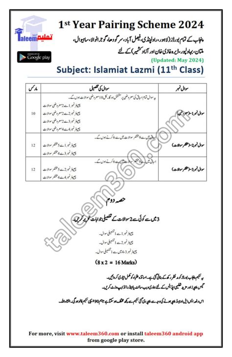 11th Class Islamiat Pairing Scheme 2025 Punjab Ustad360