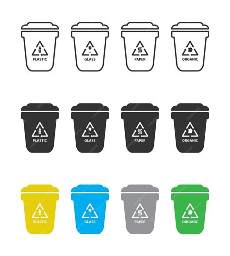 쓰레기 다른 유형 아이콘 폐기물 분리 별도의 친환경 쓰레기통 다른 색상 및 재활용 기호 유리 종이 유기 플라스틱 아이콘 평면 벡터 일러스트 레이 션 프리미엄 벡터