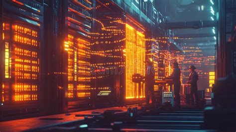 Futuristic Data Center With Glowing Server Racks And Flowing Binary
