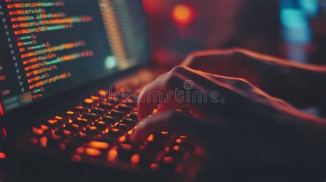 Person Coding At Night With Illuminated Keyboard And Computer Screen In A Dark Room Stock Image