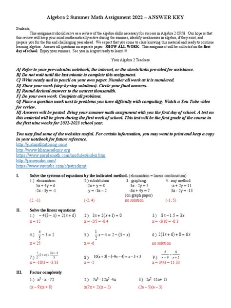 Algebra 2 Unit 2 Assignment Sheet Classful Worksheets Library
