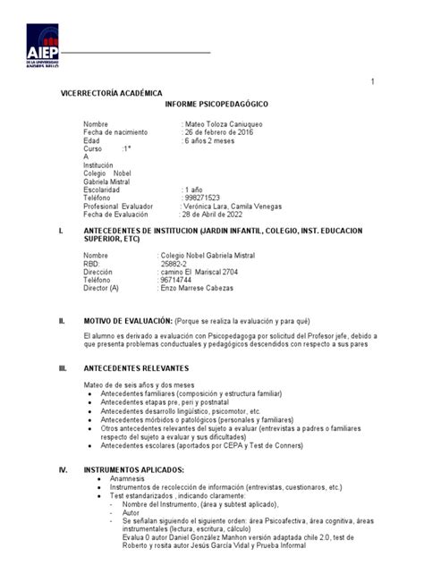 Modelo De Informe Psicopedagogico Aiep Ok Revisado Cgd Pdf