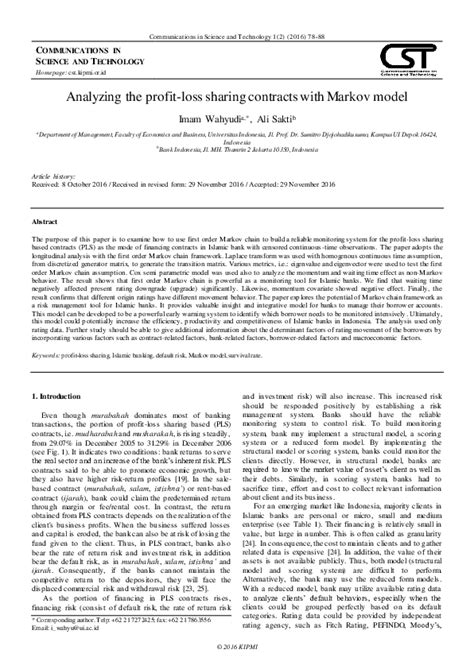 Pdf Analyzing The Profit Loss Sharing Contracts With Markov Model
