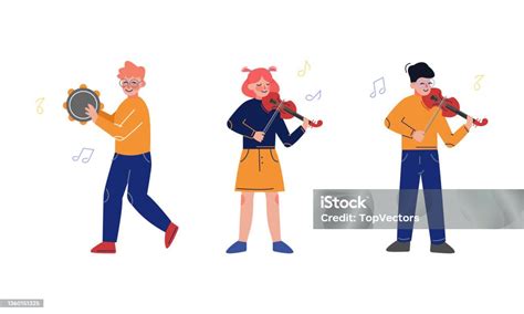 재능있는 뮤지션 캐릭터 벡터 세트로 바이올린과 탬버린을 연주하는 십대 소년과 소녀 탬버린에 대한 스톡 벡터 아트 및 기타 이미지 탬버린 Classical Concert