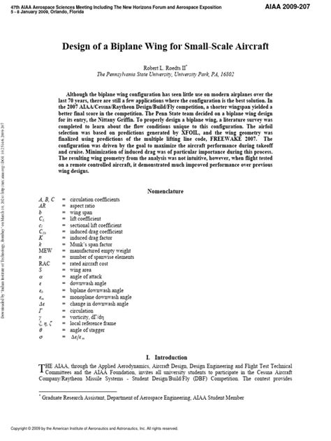Roedts 2012 Design Of A Biplane Wing For Small Scale Aircraft Pdf