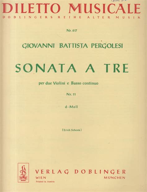 Sonata No2 In B Flat For 2 Violins And Basso Continuo Set Of Parts
