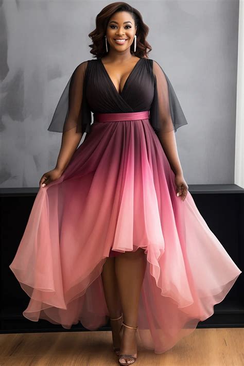 Xpluswear Design Plus Size Formal Pink Gradient V Neck Short Sleeve