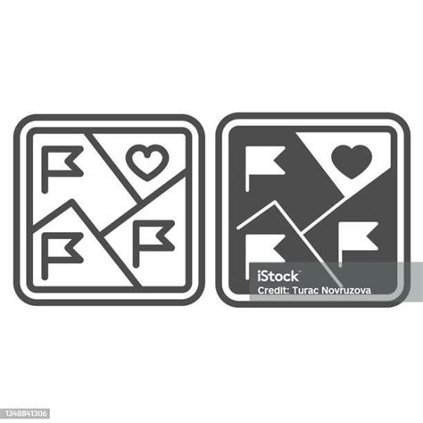 깃발과 하트가 있는 스퀘어 시티 맵 좋은 장소 라인과 단단한 아이콘의 태그 도시 개념 흰색 배경의 날짜 벡터 사인 모바일 컨셉 및 웹 디자인을 위한 개요 스타일 아이콘 벡터