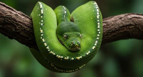 Emerald Green Tree Python Coiled On Branch In Tropical Forest Stock