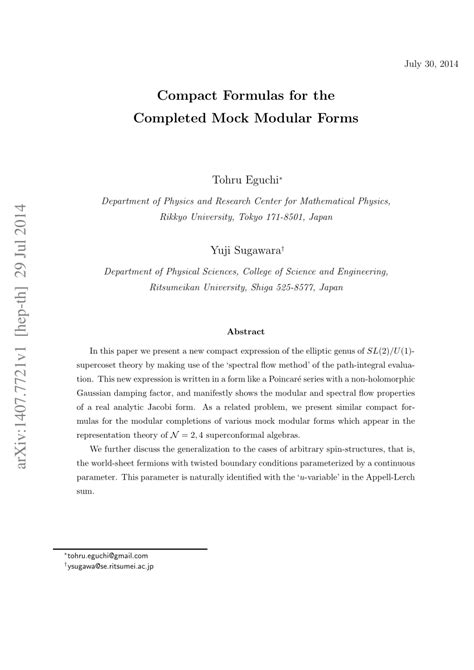 Pdf Compact Formulas For The Completed Mock Modular Forms