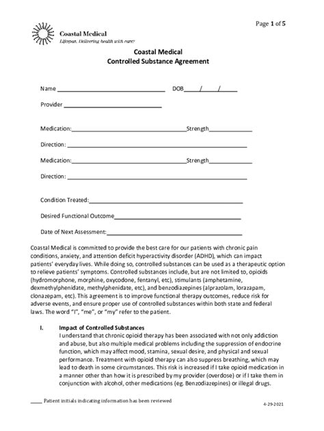 Fillable Online Controlled Substance Agreement Coastal Medical Fax Email Print Pdffiller