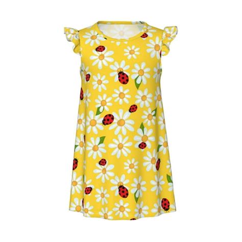 Girls Nightgown Chamomile And Ladybug Flutter Short Sleeves Night Dress