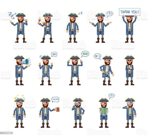 다른 행동을 보여주는 해 적 선장 캐릭터의 집합입니다 쾌활 한 해 적 노래방 노래 춤 잠자는 지주 배너 라우드스피커 지도 및 기타 작업 수행 감정에 대한 스톡 벡터 아트 및