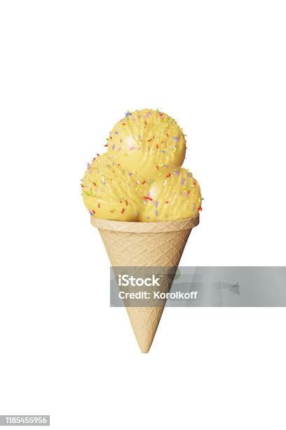 흰색 배경에 고립 된 와플 콘에 매우 상세한 맛있는 공 캐러멜 아이스크림 3d 일러스트레이션 0명에 대한 스톡 사진 및 기타