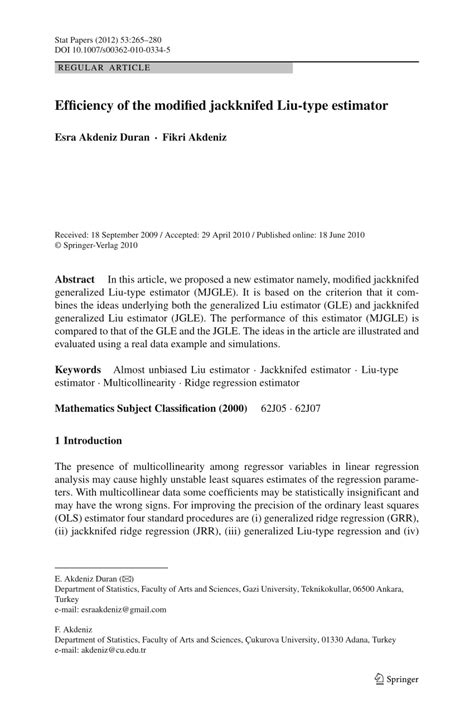 Pdf Efficiency Of The Modified Jackknifed Liu Type Estimator