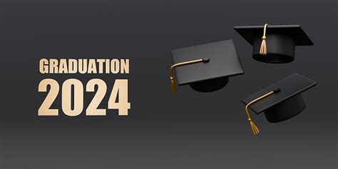 어두운 배경에 졸업생 모자가 있는 단어 졸업의 3d 그림입니다 모자를 썼다 졸업생 2024년 졸업식 인사말 배너 초대장의 3d 렌더링 졸업식에 대한 스톡 사진 및 기타