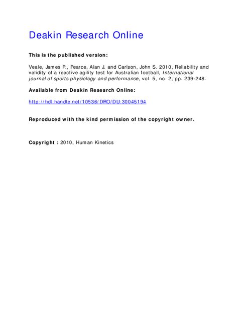 Pdf Reliability And Validity Of A Reactive Agility Test For