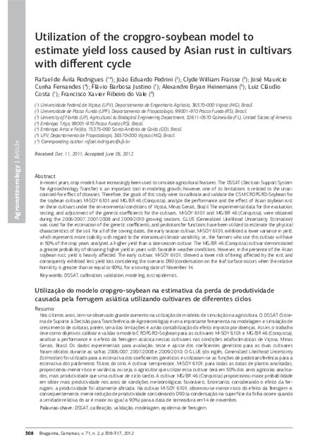 Pdf Utilization Of The Cropgro Soybean Model To Estimate Yield Loss Caused By Asian Rust In