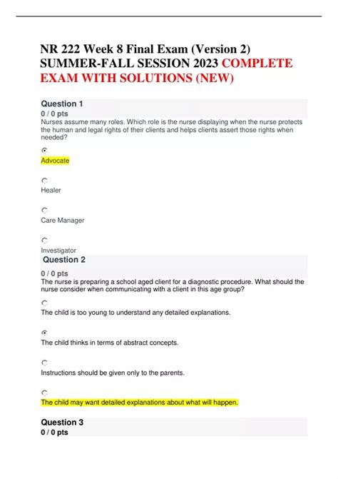 Nr 222 Week 8 Final Exam Version 2 Summer Fall Session 2023 Complete Exam With Solutions New