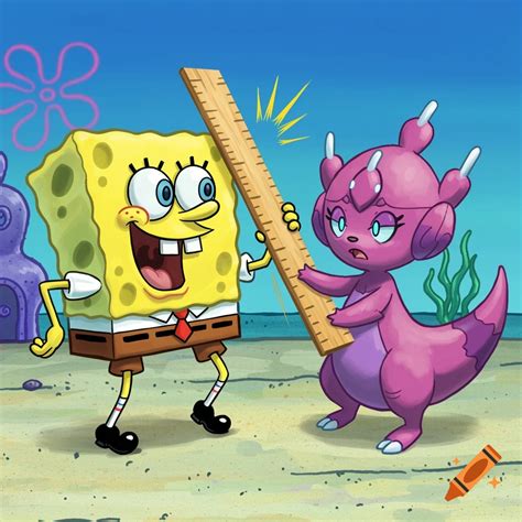 Spongebob Squarepants Holding A Ruler As A Purple Poipole Reacts On The Sandy Seabed In A