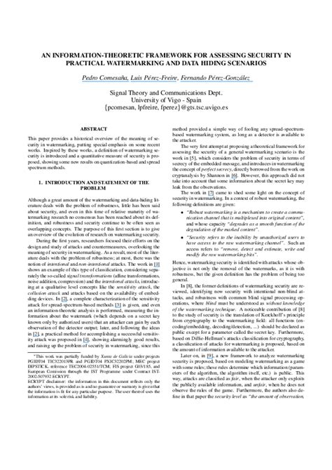 Pdf An Information Theoretic Framework For Assessing Security In Practical Watermarking And