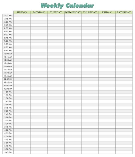 Weekly Schedule Template 15 Minute Increments