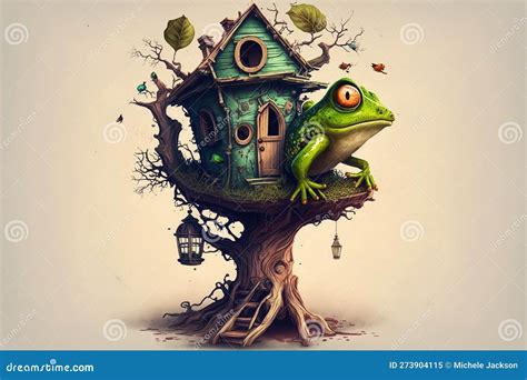 A Green Frog S Tree House Home Created By Generative Ai Stock Image