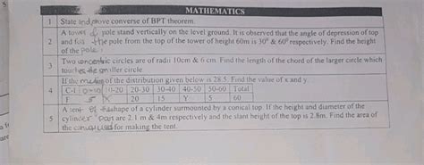1 State And Prove Converse Of Bpt Theorem 2 A Tower And A Pole Stand Vertically On The Level