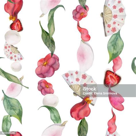 손으로 그린 전통적인 일본 과자가 있는 수채화 이음매 없는 패턴 와가시 떡 동백 꽃 흰색 배경에 격리되어 있습니다 초대장