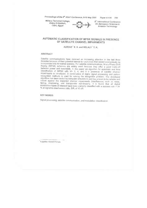 Pdf Automatic Classification Of Mpsk Signals In Presence Of Satellite