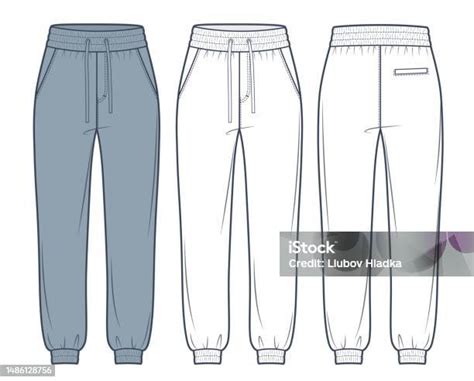 조거 바지 패션 플랫 기술 도면 템플릿입니다 스웨트 팬츠 테크니컬 패션 일러스트레이션 편안한 핏 오버사이즈 포켓 신축성 있는 허리띠 앞면 뒷면보기 흰색 회색 여성 남성 남녀