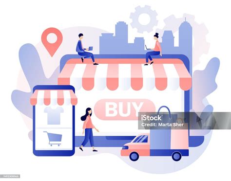 온라인 쇼핑 상점 비즈니스 마케팅 판매 제품 주문 및 상품 배송 작은 사람들은 인터넷에서 주문합니다 현대 평면 만화 스타일입니다