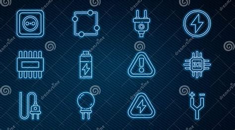 Set Line Electric Cable Processor With Microcircuits Cpu Plug Battery Electrical Outlet