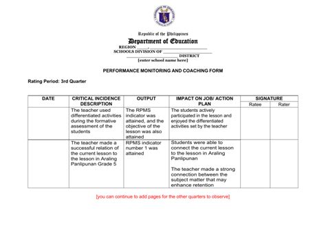 Teacher Performance Monitoring Form